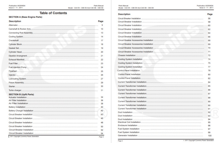 Cummins Generator Set C44 , C55 , C66 , C40 , C50 , C60 Parts Manual