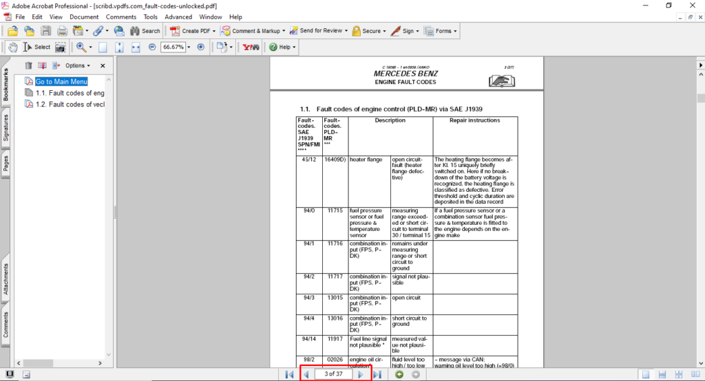 MERCEDES BENZ ENGINE FAULT CODES