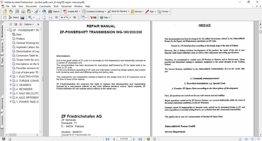 ZF POWERSHIFT TRANSMISSION WG180, WG200, WG208 Repair Manual