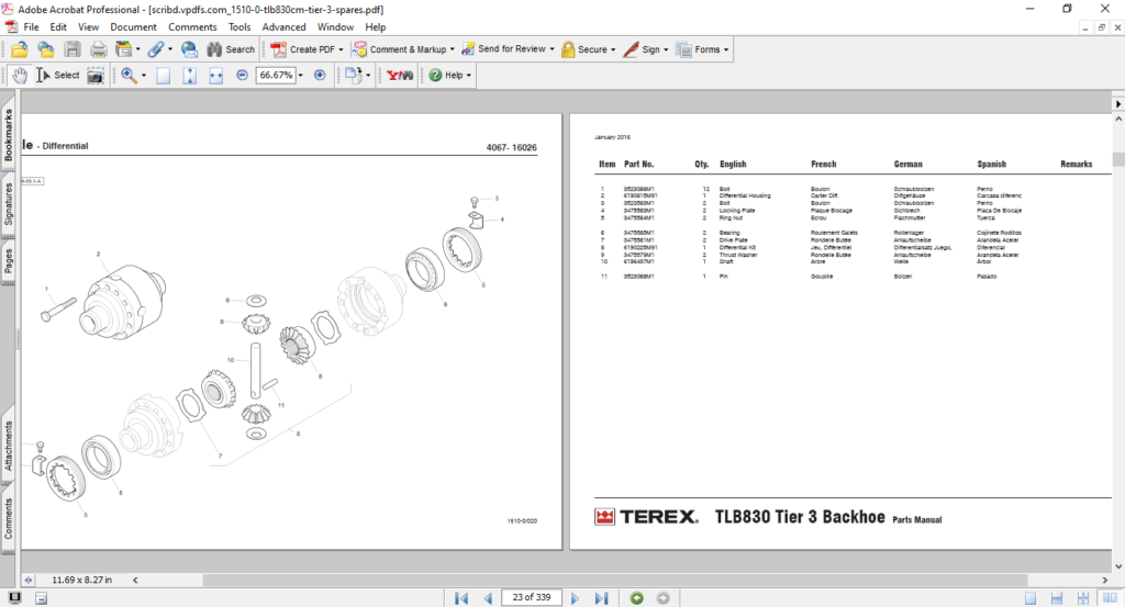 Terex TLB830 Backhoe Loader Parts Manual