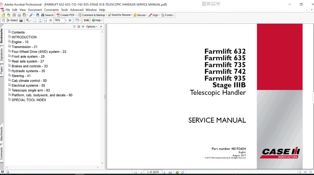 Case Farmlift 635 Telescopic Handler Service Repair Manual